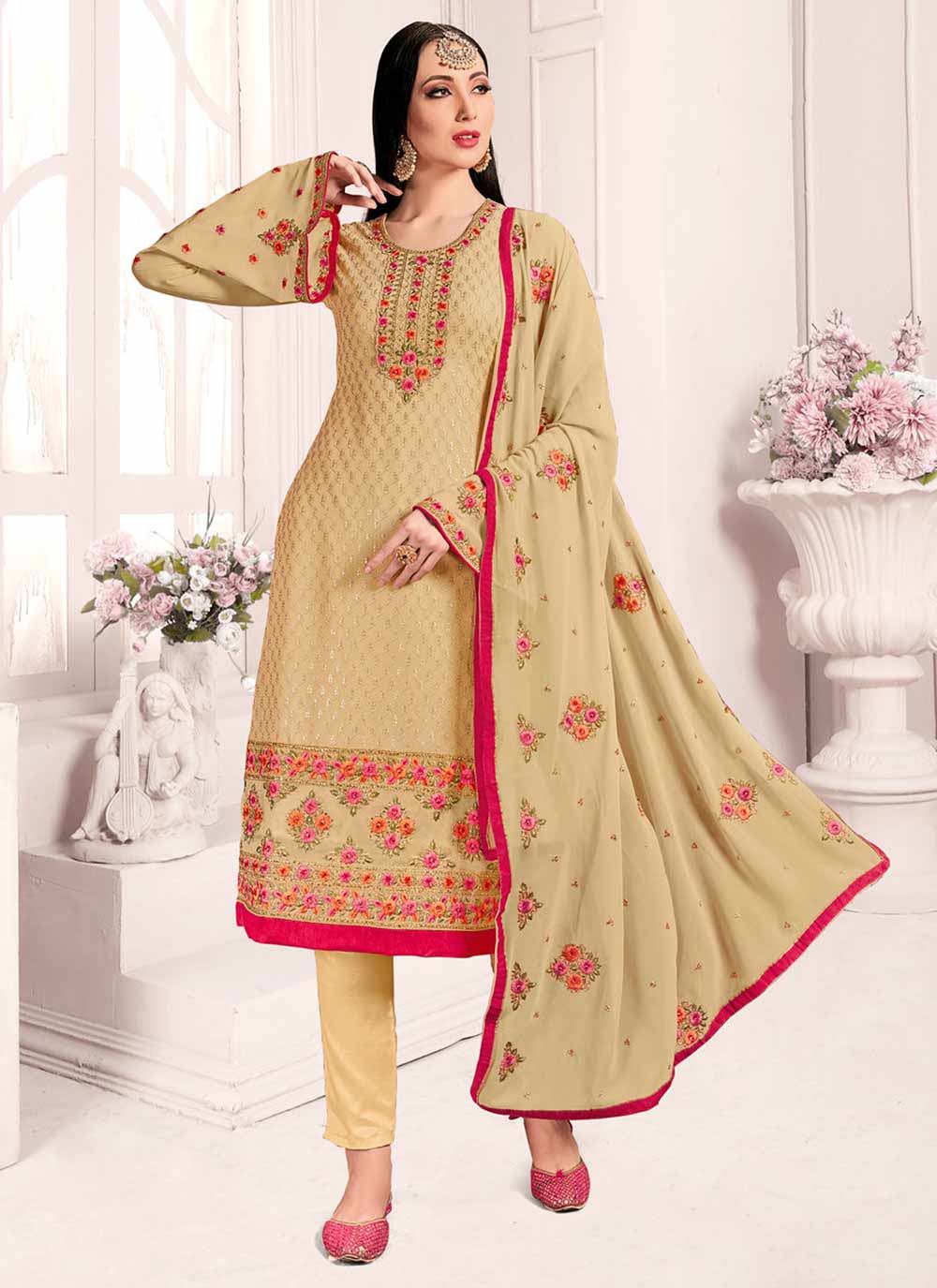 Georgette Designer Suit in Cream buy online