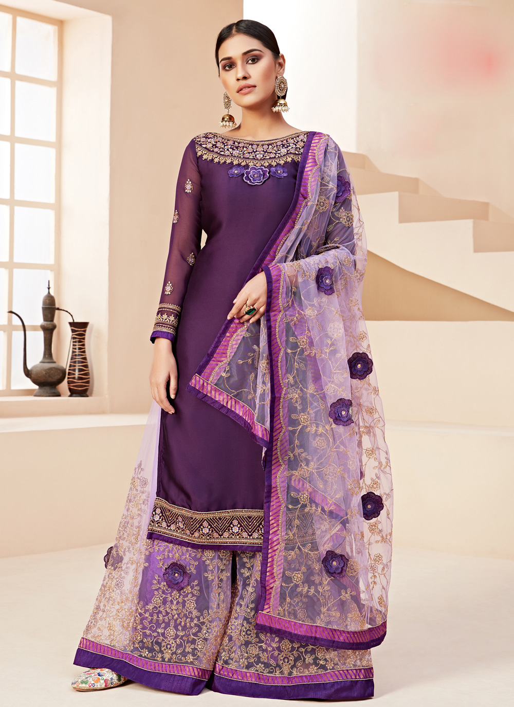Shop Georgette Satin Purple Designer Salwar Kameez Online : 162469