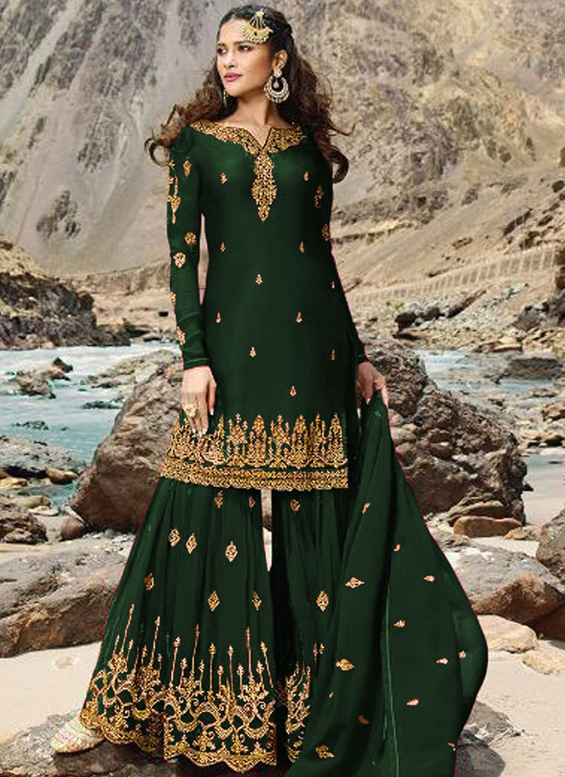 Buy Online Green Embroidered Georgette Designer Palazzo Salwar Kameez ...