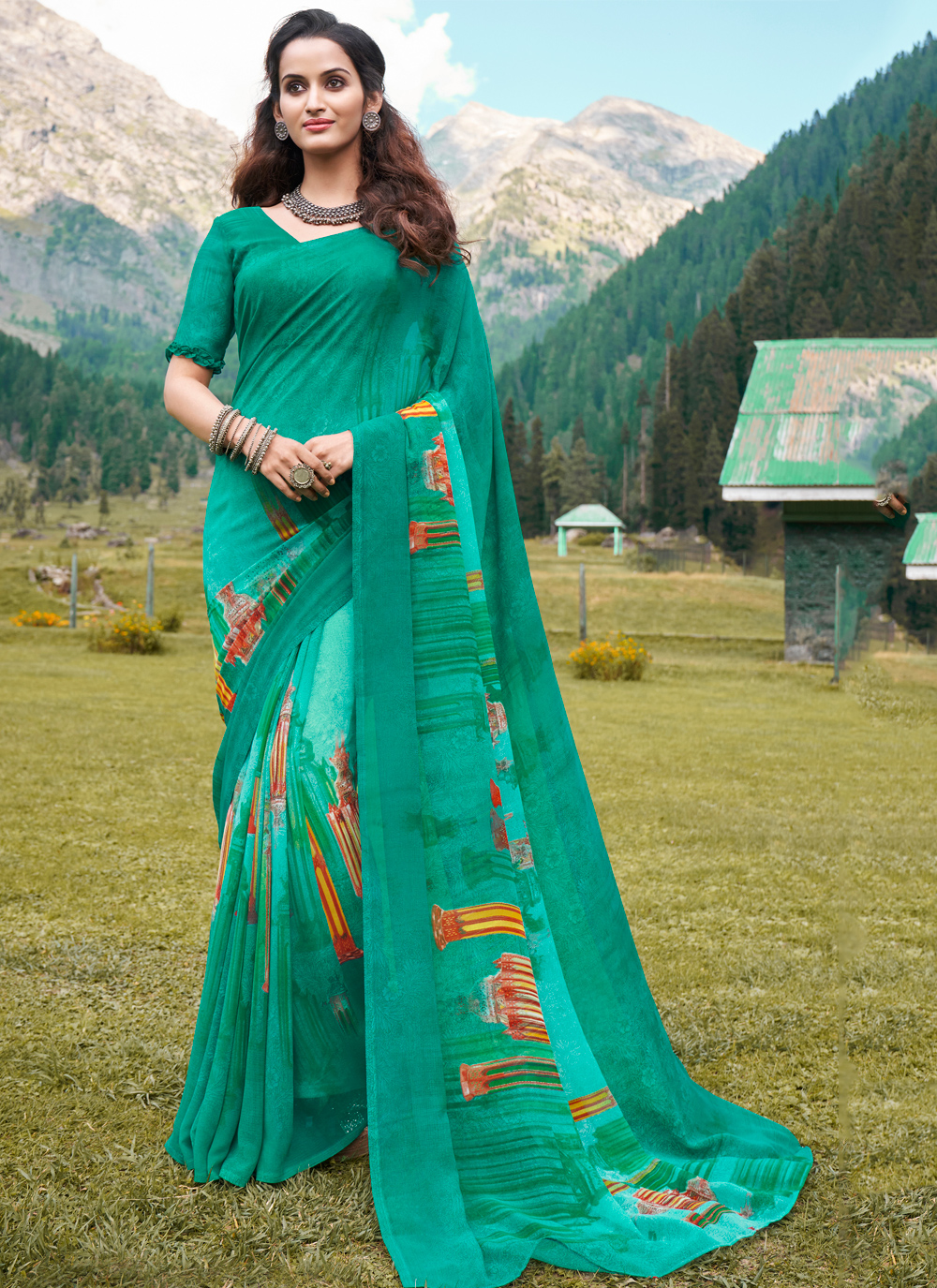 Buy Green Printed Classic Saree Online : 160081