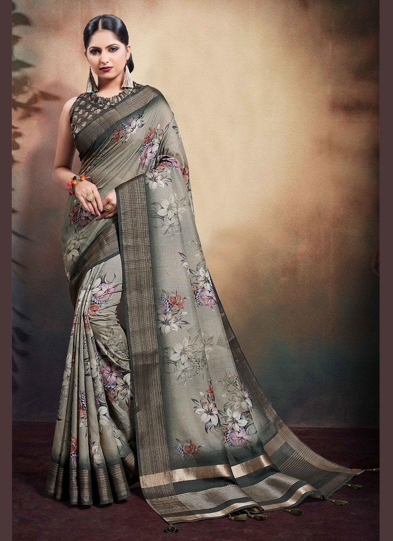 Shop Grey Cotton Designer Saree Online : 152919