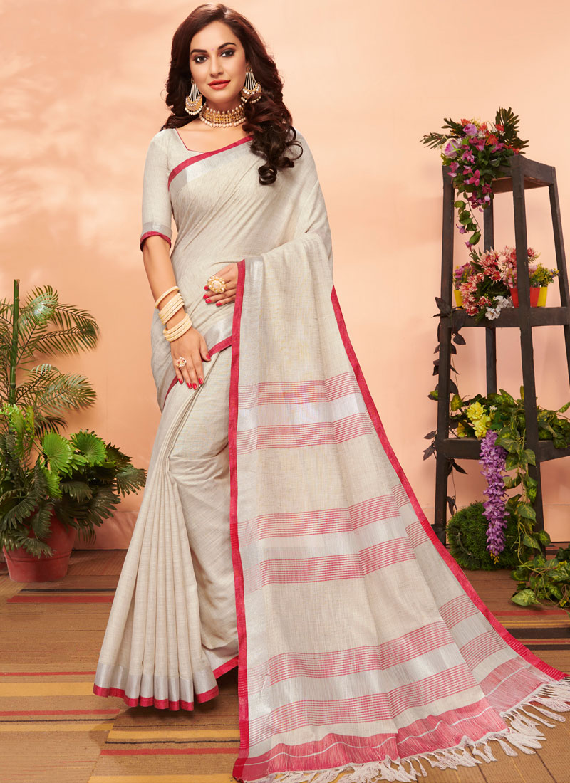 Buy Online Linen Cream Woven Casual Saree : 140169