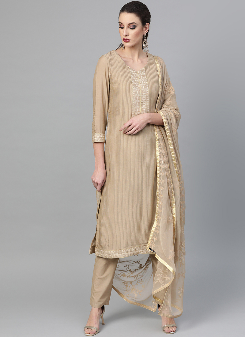 Buy Muslin Plain Beige Pant Style Suit Online