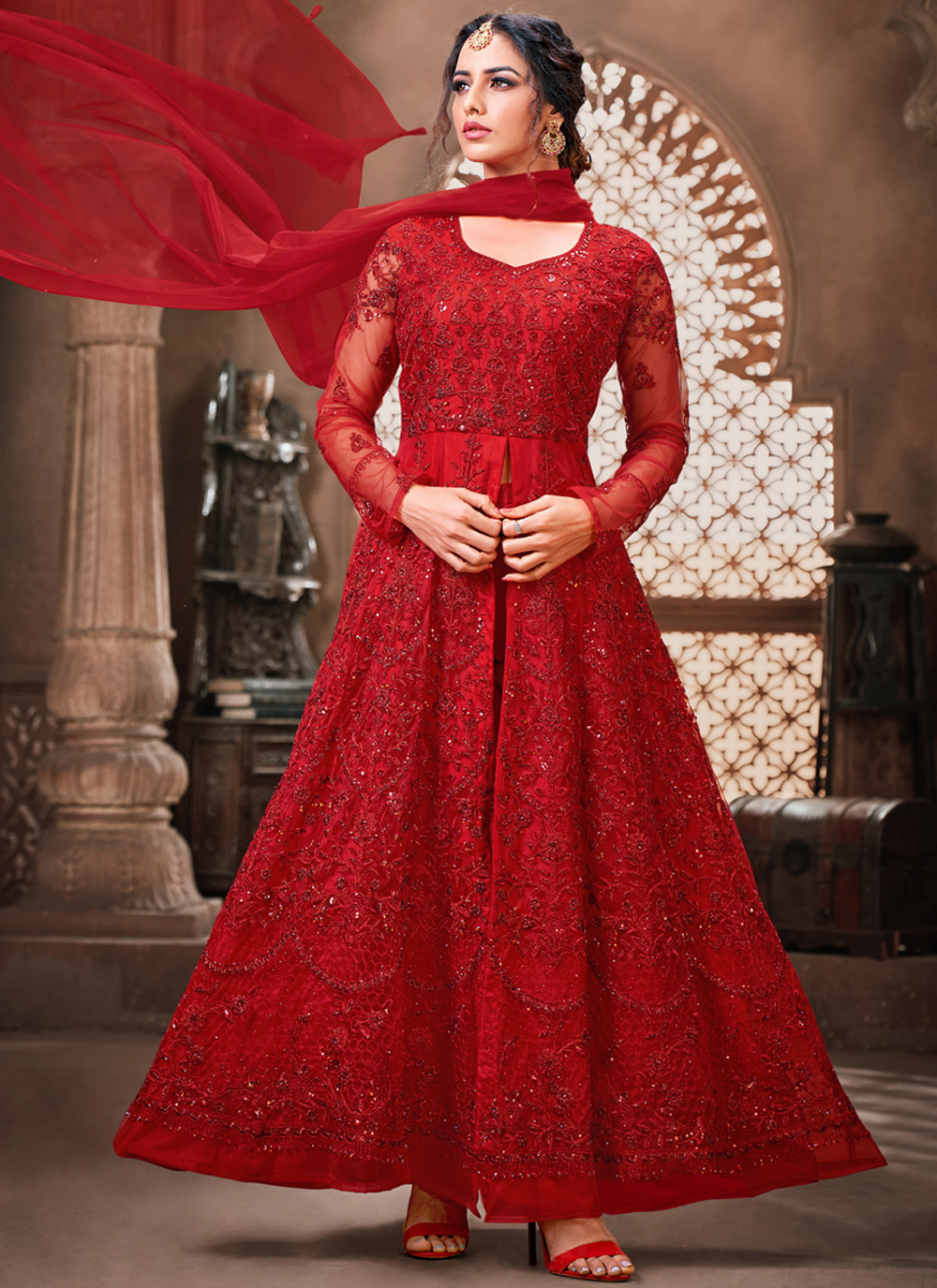 Buy Net Red Bollywood Salwar Kameez Online : 158236