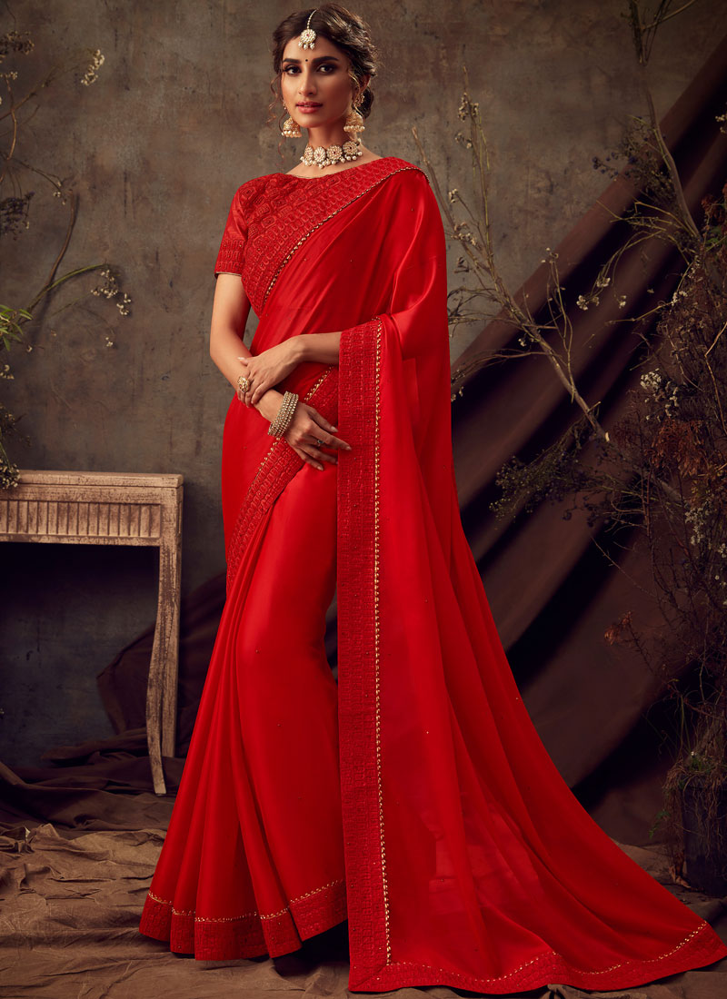 Shop Poly Silk Red Embroidered Classic Saree Online : 138637
