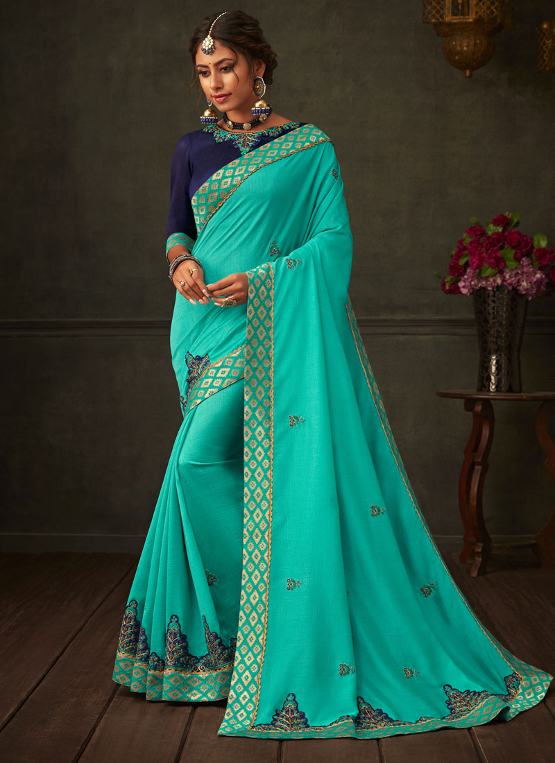 Buy Poly Silk Turquoise Classic Saree : 148063