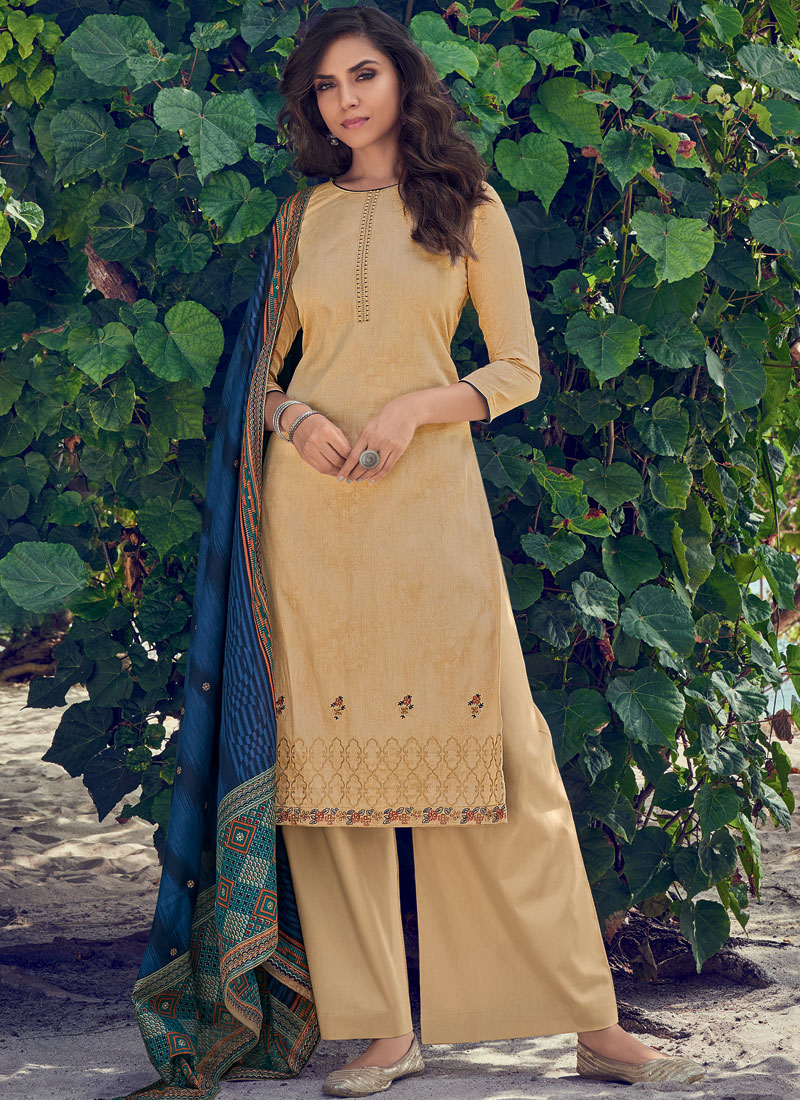 Buy Print Mustard Cotton Designer Pakistani Salwar Suit : 143633