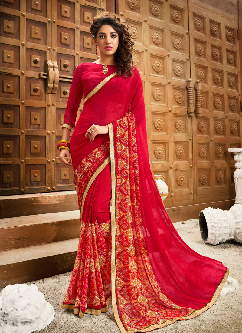 Shop Red Georgette Printed Saree Online : 148327