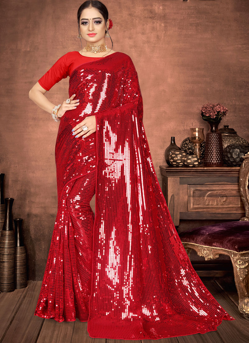 Shop Online Red Mirror Georgette Trendy Saree : 154894