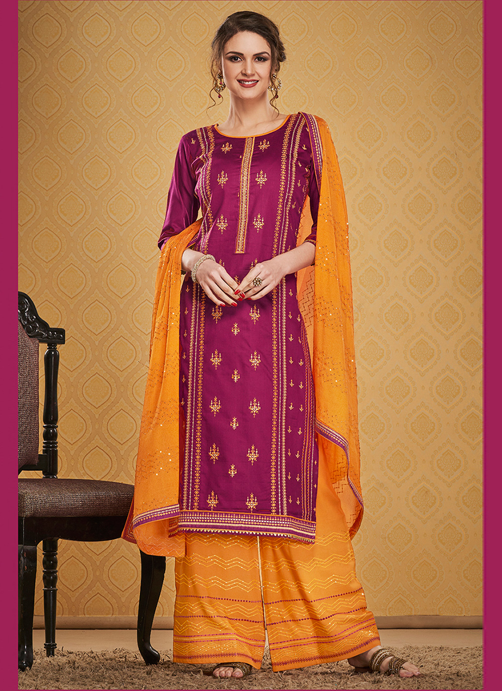 Buy Online Resham Jamawar Silk Palazzo Designer Suit : 159551