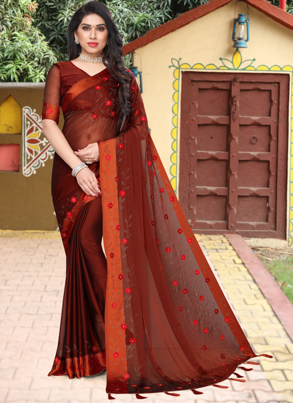 Shop Rust Satin Festival Saree Online : 159629