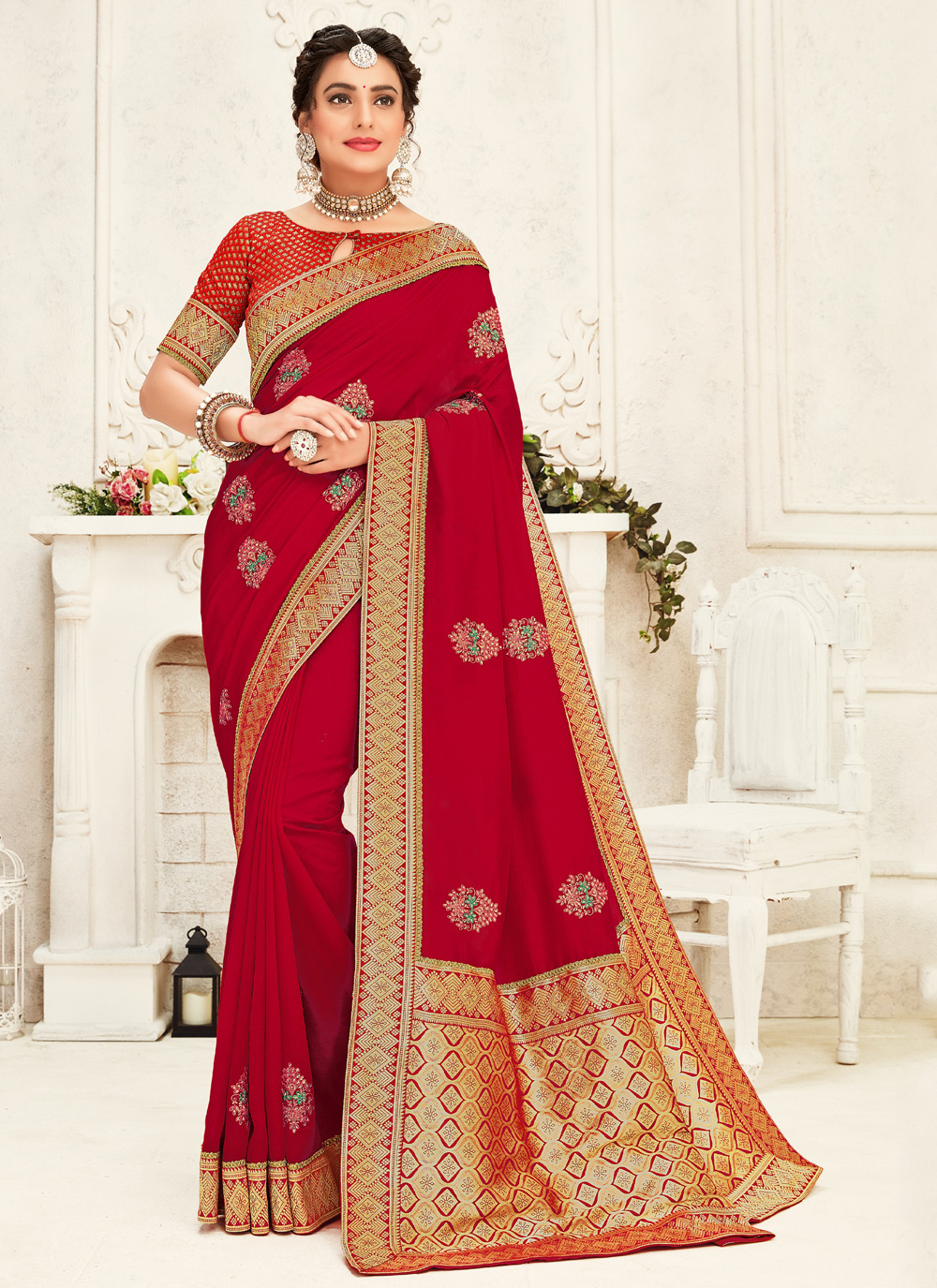 Buy Silk Embroidered Red Classic Saree Online : 165795