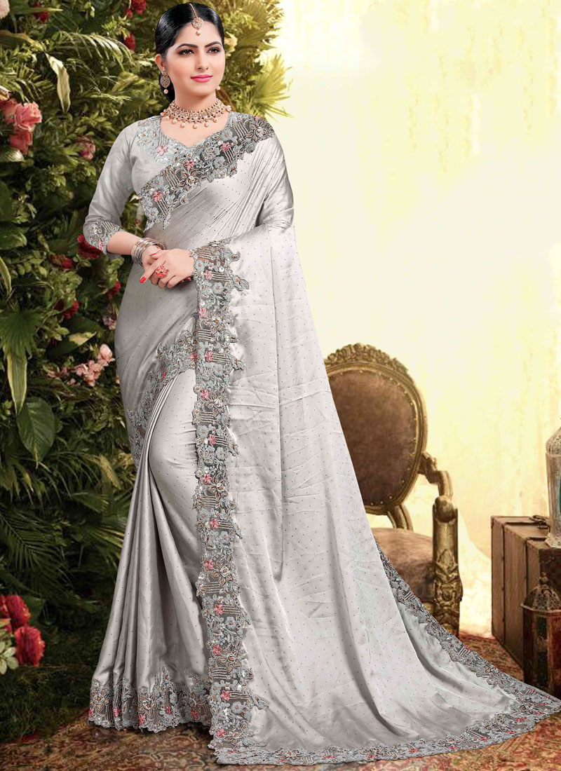 Buy Silver Stone Work Georgette Satin Classic Saree Online : 150278