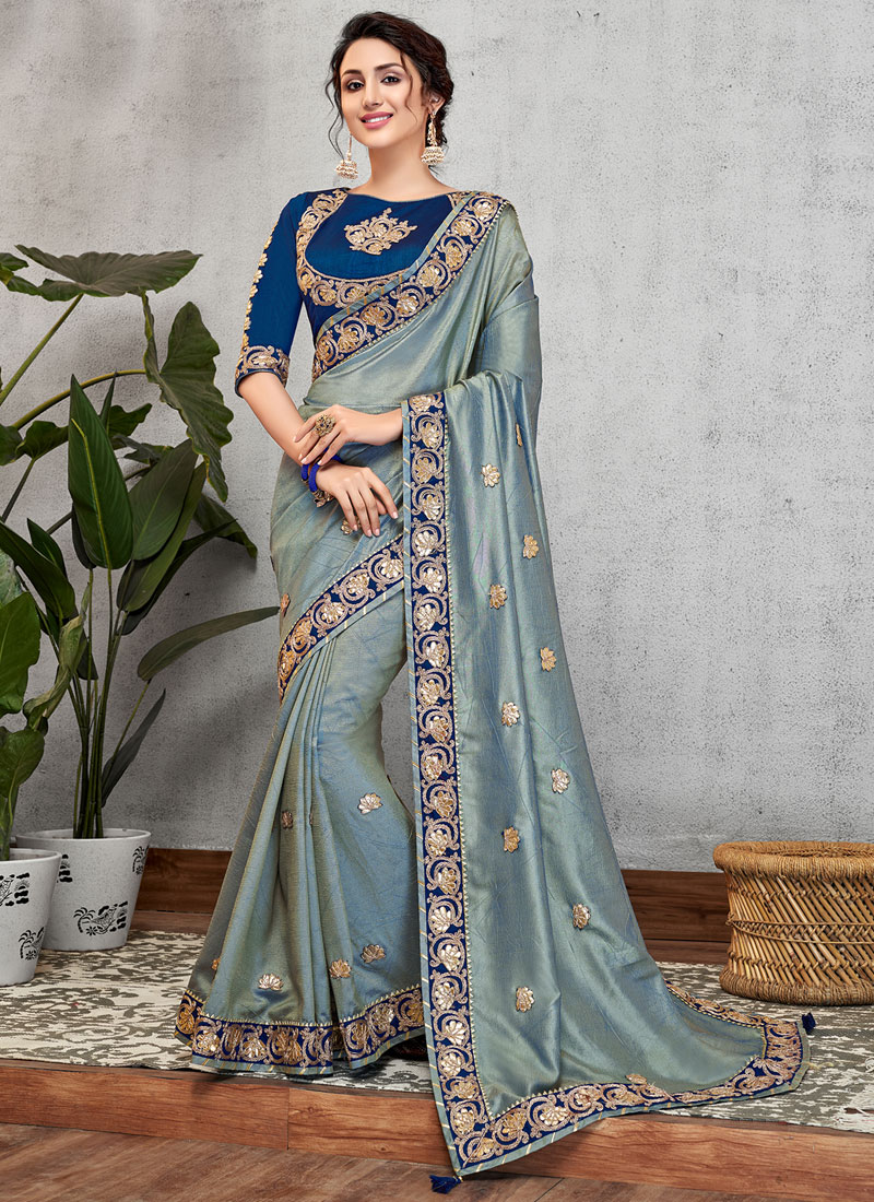 Traditional Designer Saree Embroidered Art Silk in Blue buy online