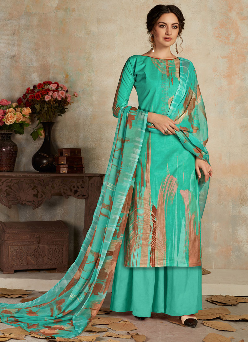 Shop Online Turquoise Cotton Palazzo Suit : 149091