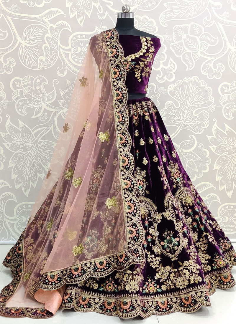 Buy Velvet Embroidered Designer Lehenga Choli Online : 154806