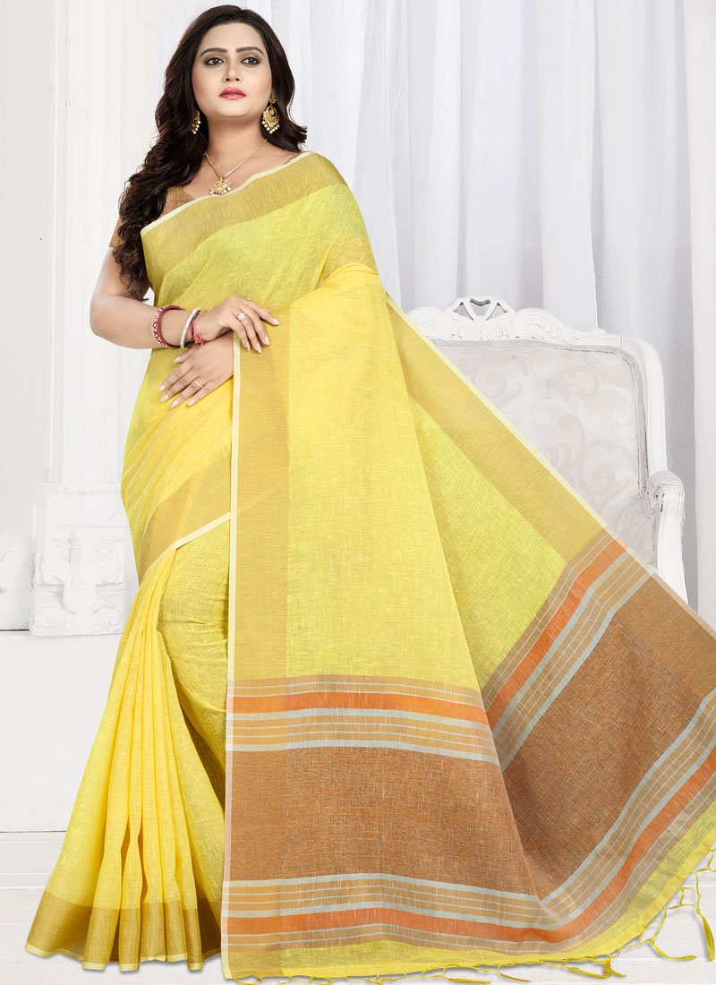 Buy Yellow Cotton Weaving Trendy Saree : 139134