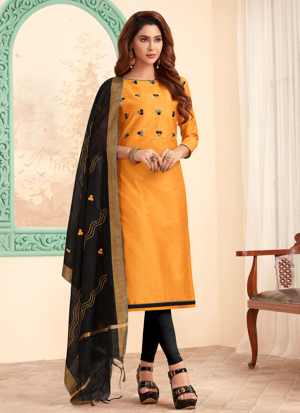 Buy Yellow Embroidered Casual Churidar Salwar Kameez Online