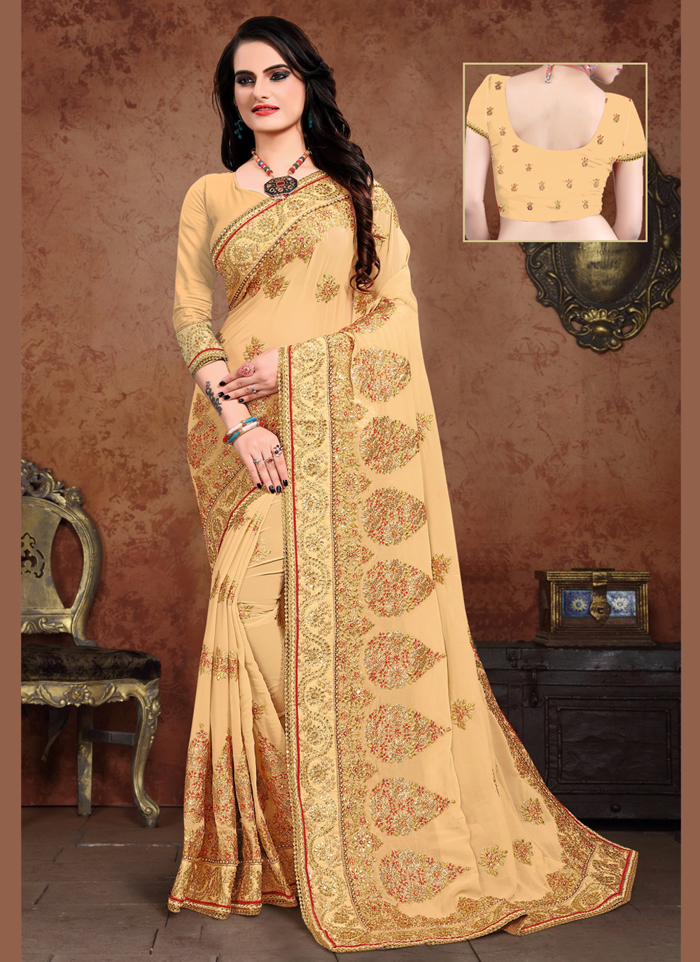 Buy Zari Cream Georgette Classic Saree Online : 158118