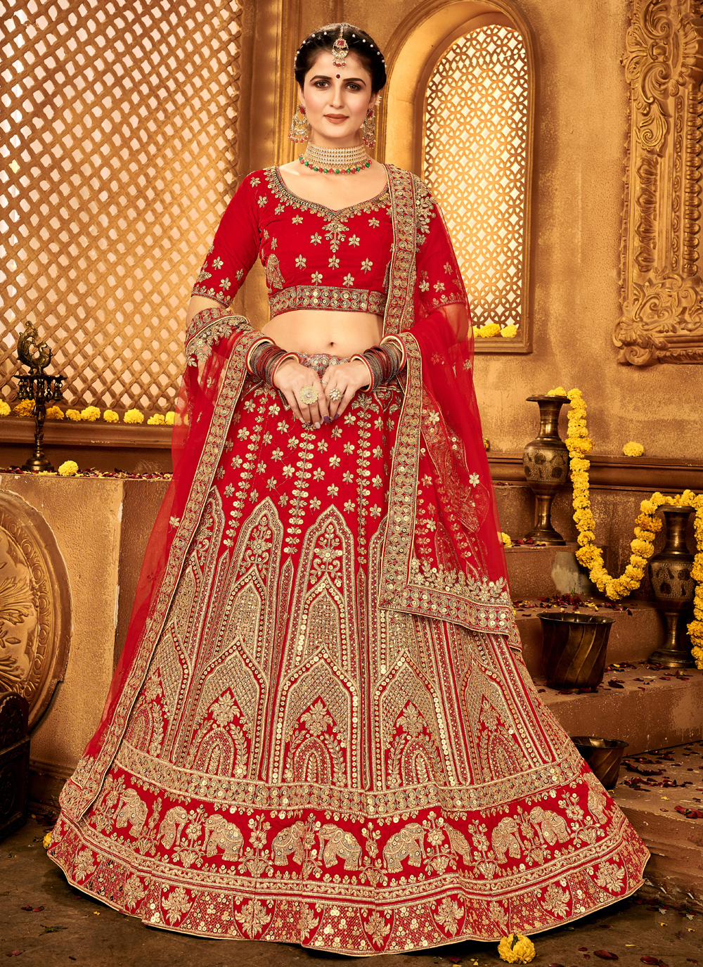 Shop A Line Lehenga Choli Lace Velvet in Red Online : 174364 - Lehenga ...