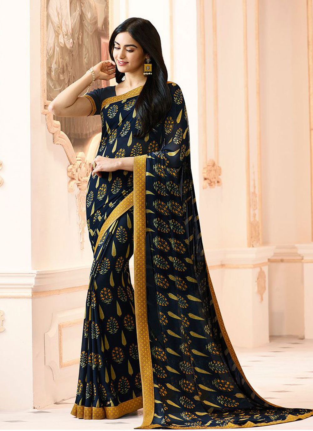 Buy Abstract Print Faux Georgette Printed Saree in Navy Blue Online : 185187