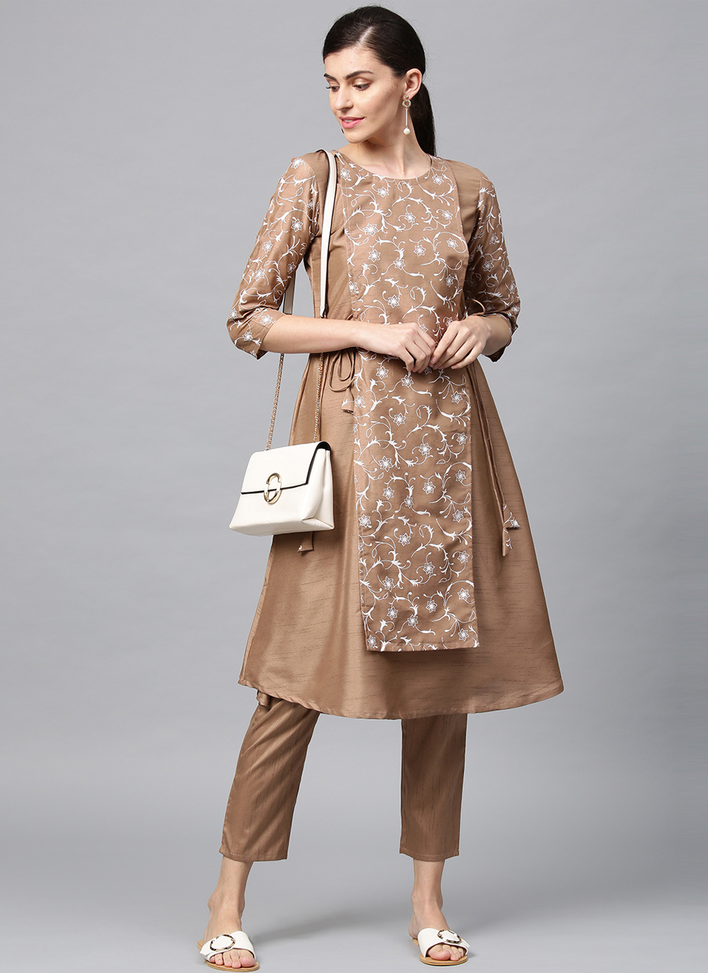 Shop Beige Print Poly Silk Designer Kurti Online : 179389