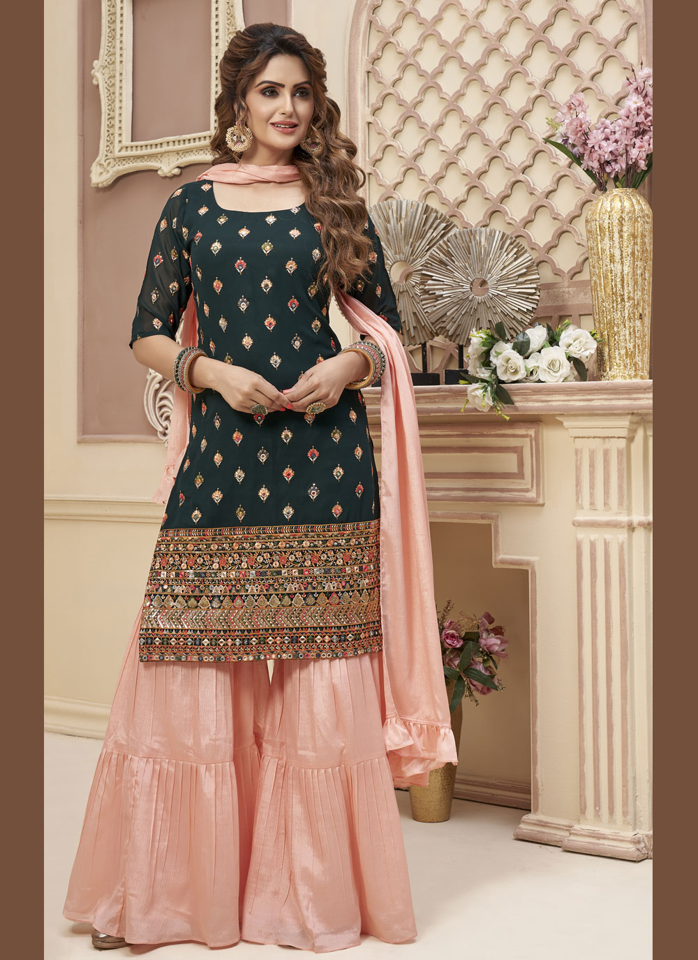 Black Ceremonial Designer Palazzo Suit buy online