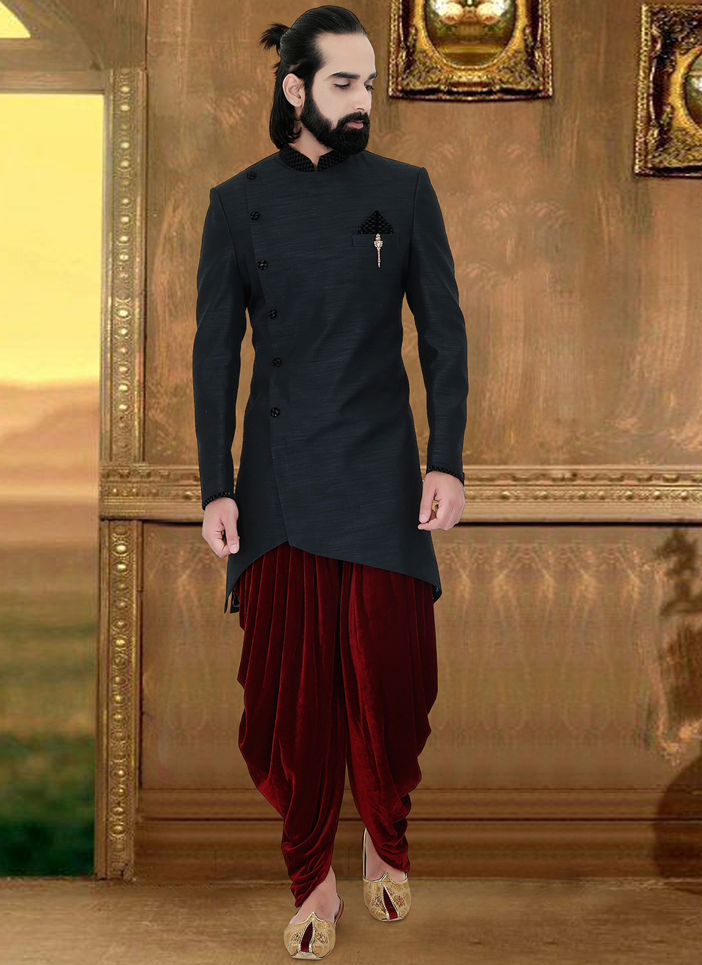 Buy Black Plain Mehndi Indo Western Online