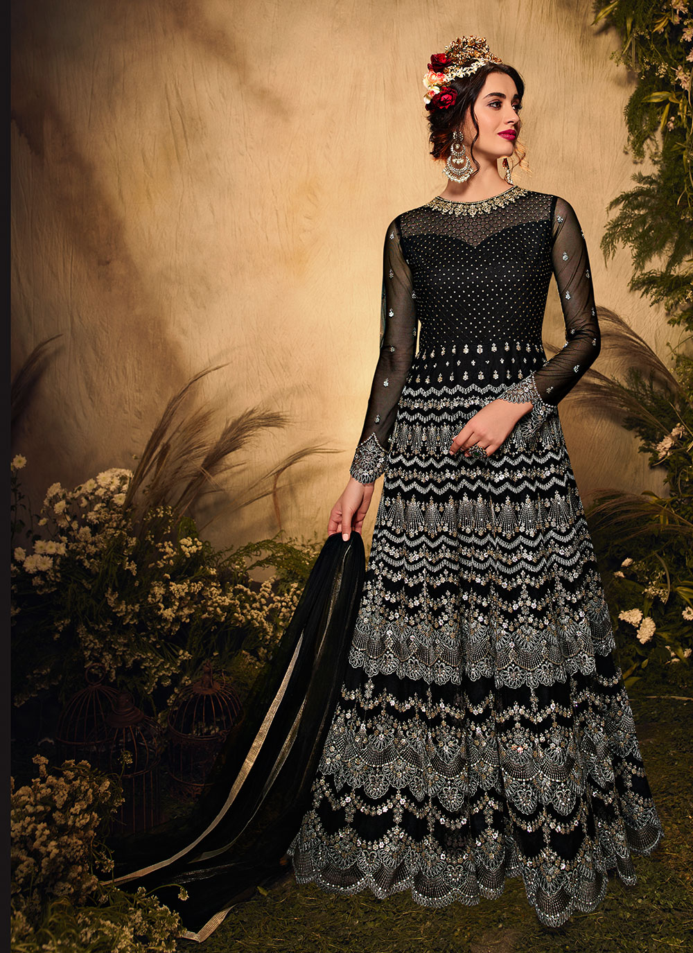 Buy Black Sangeet Net Floor Length Designer Suit : 199224