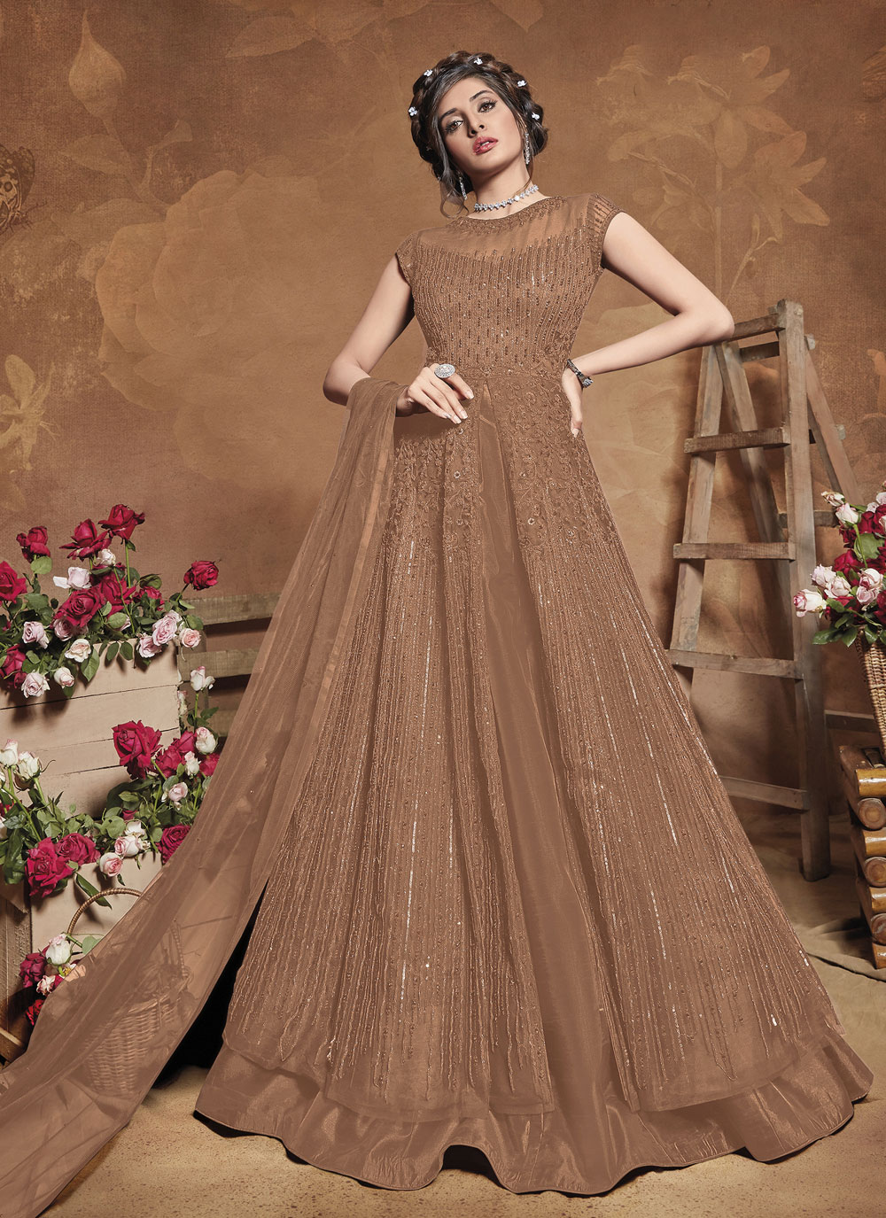 Buy Brown Fancy Net Floor Length Anarkali Suit : 186958