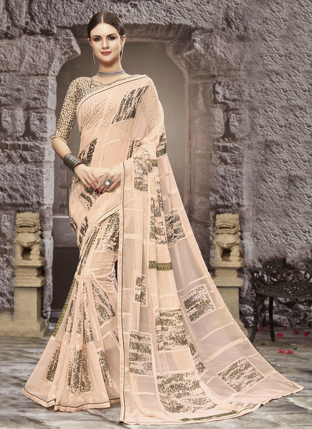 Shop Online Cream Tissue Brasso Printed Saree : 183005