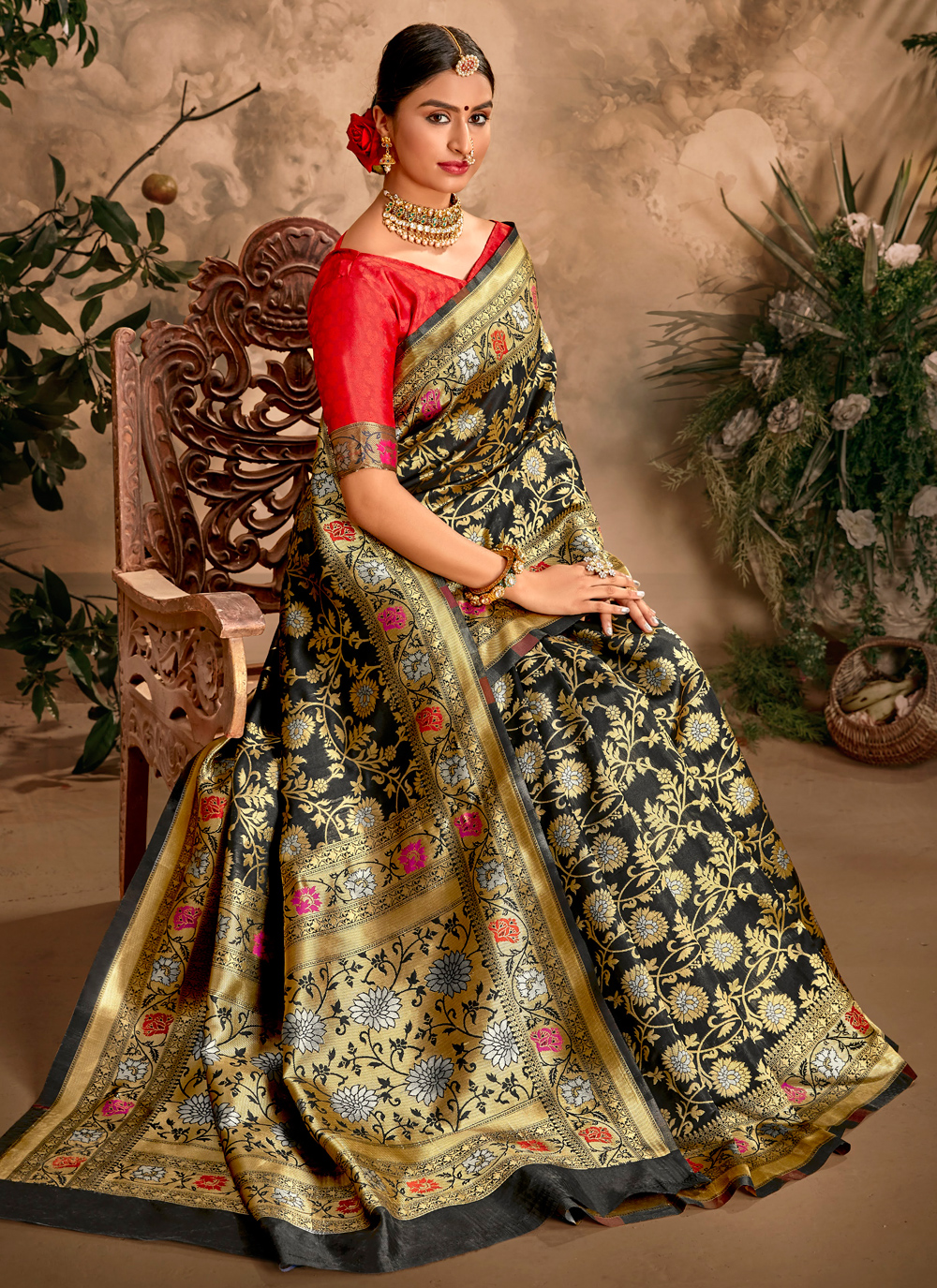 Shop Designer Traditional Saree Weaving Art Silk in Black Online : 170245