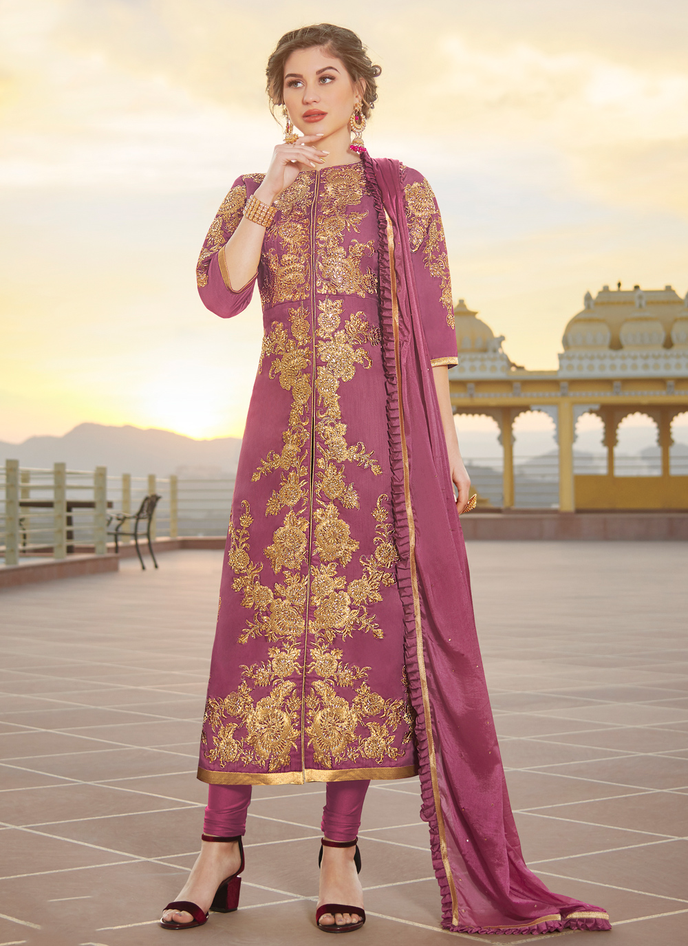 Shop Embroidered Purple Designer Straight Suit Online : 172996