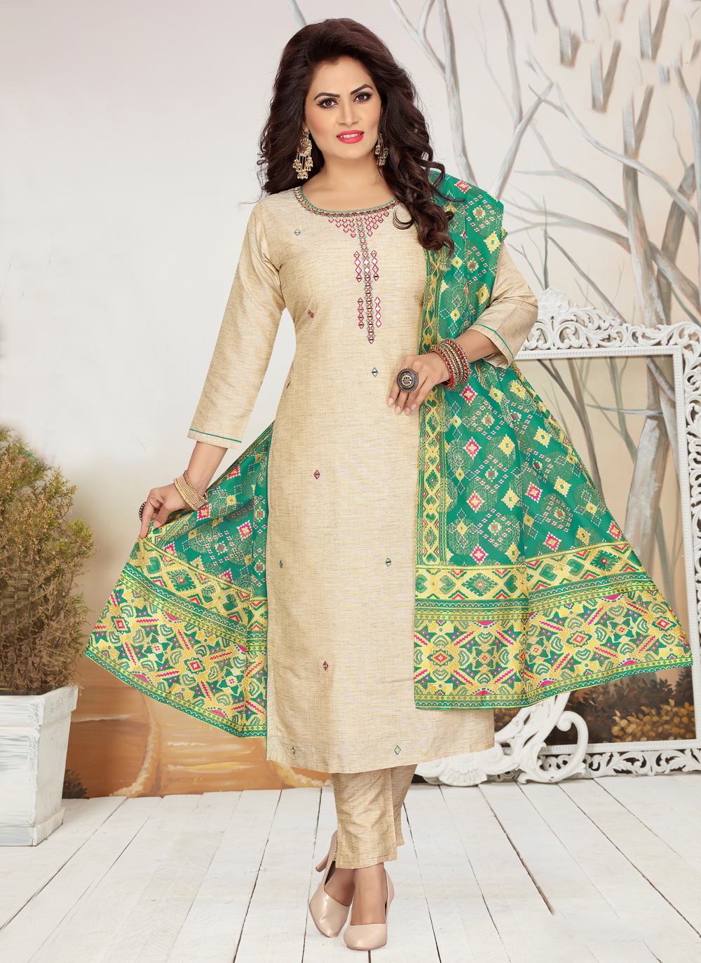 Buy Fancy Cream Chanderi Readymade Suit : 178944