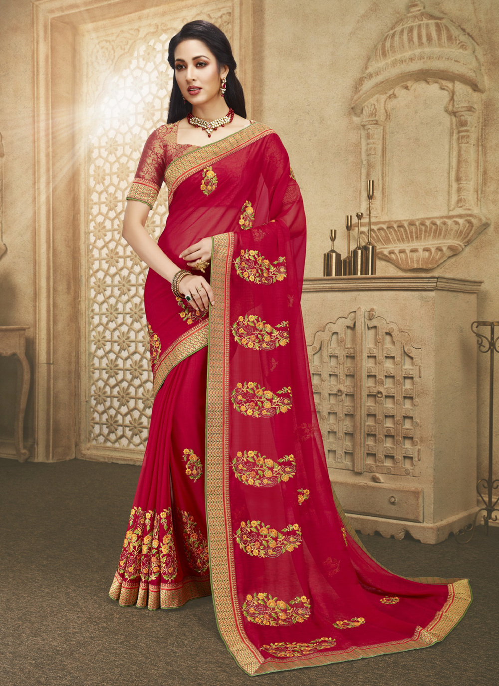 Fancy Fabric Embroidered Rani Designer Saree buy online
