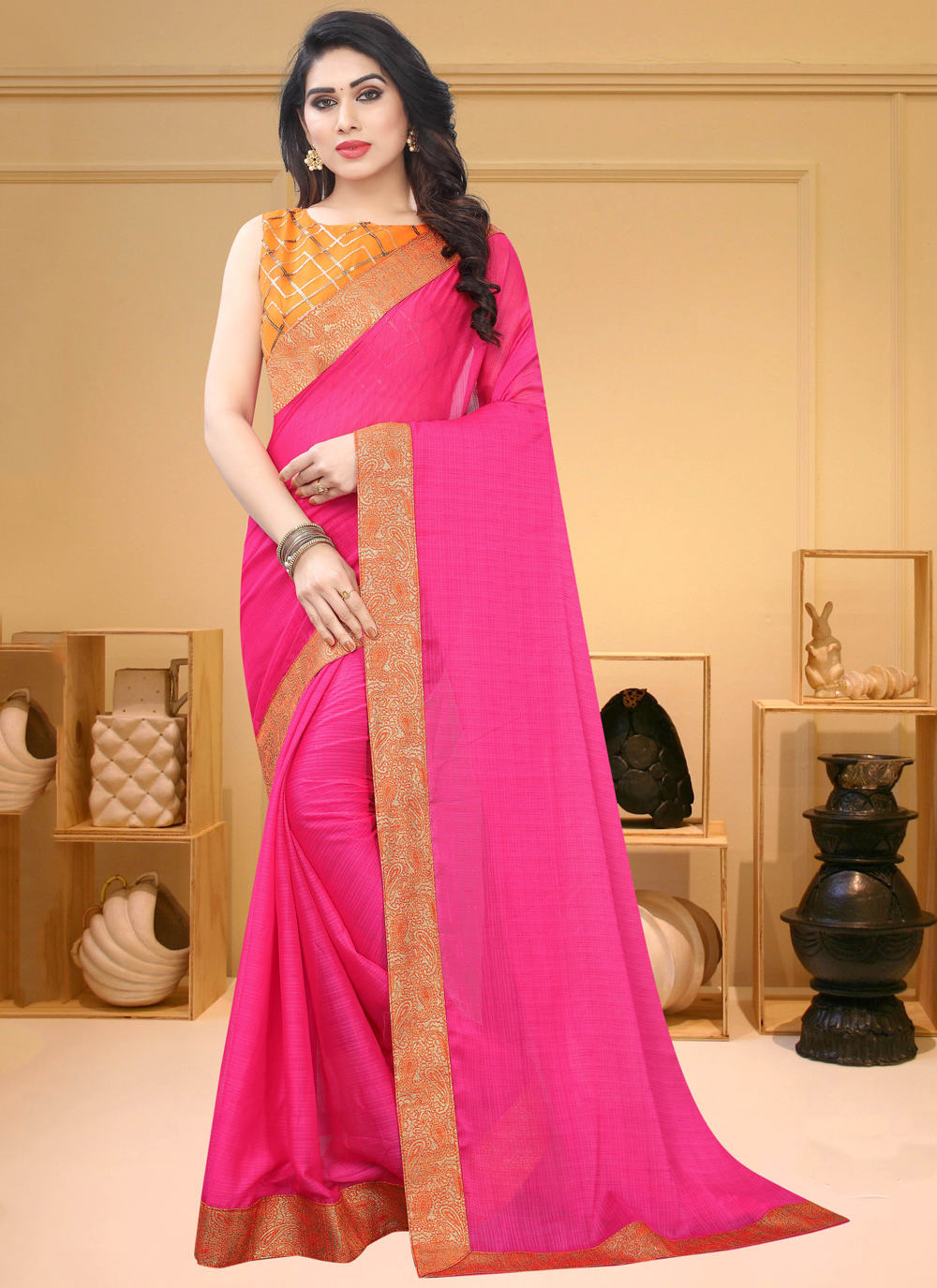 Buy Faux Chiffon Hot Pink Saree : 173790