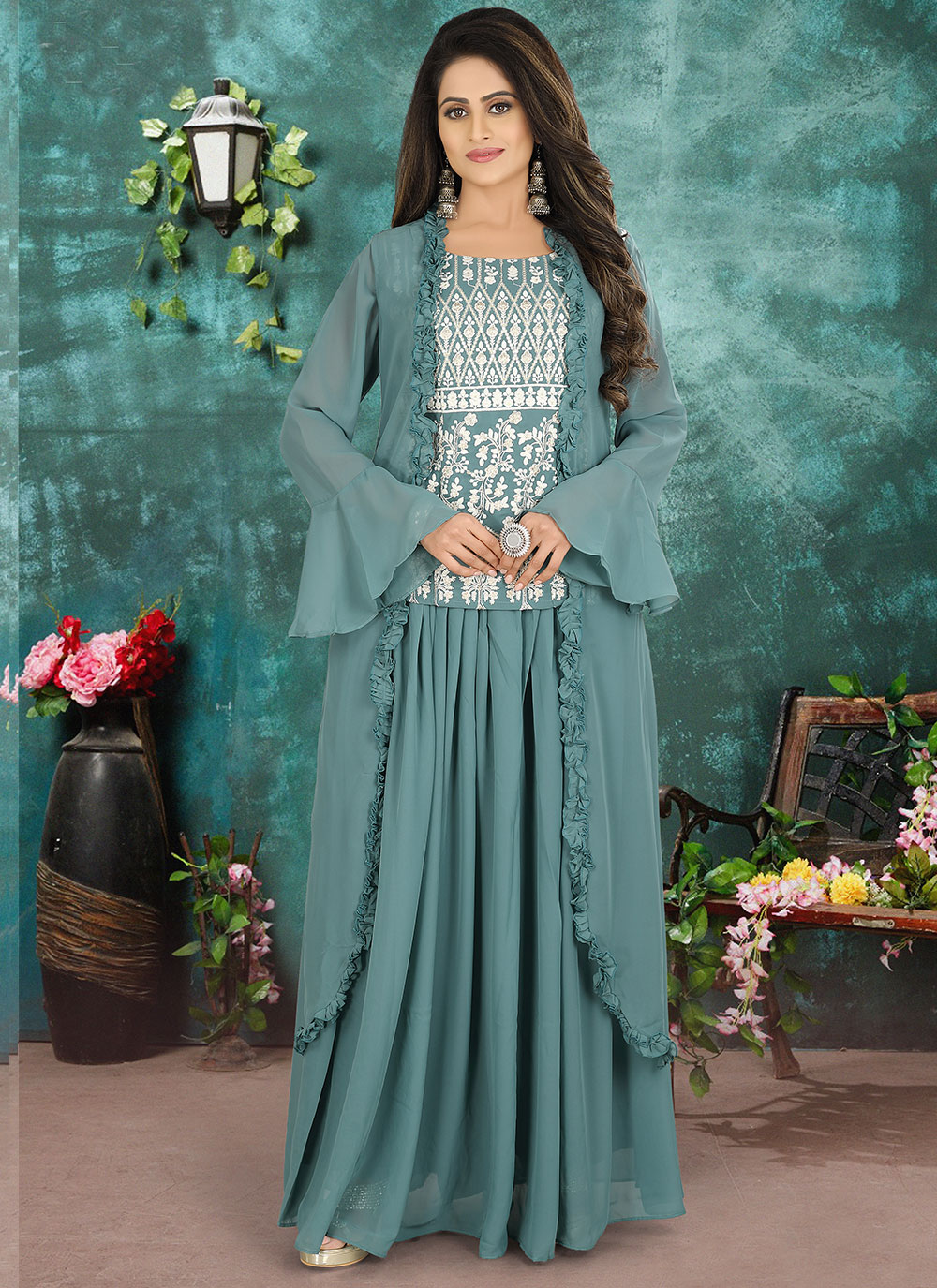 Georgette Embroidered Designer Suit in Blue buy online