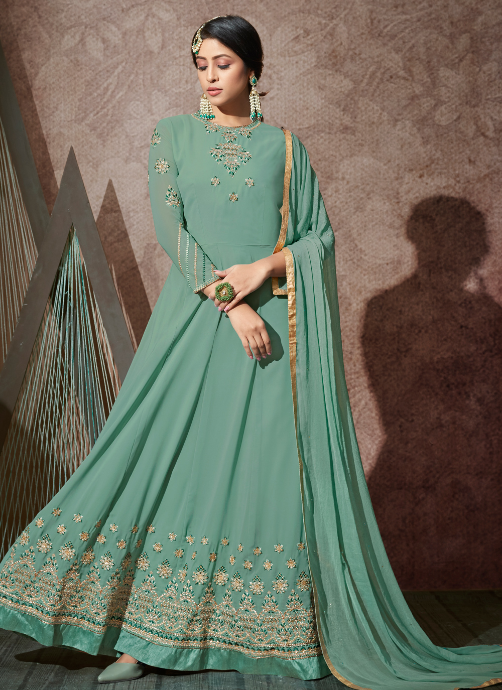 Buy Green Ceremonial Anarkali Salwar Kameez Online - Salwar Kameez