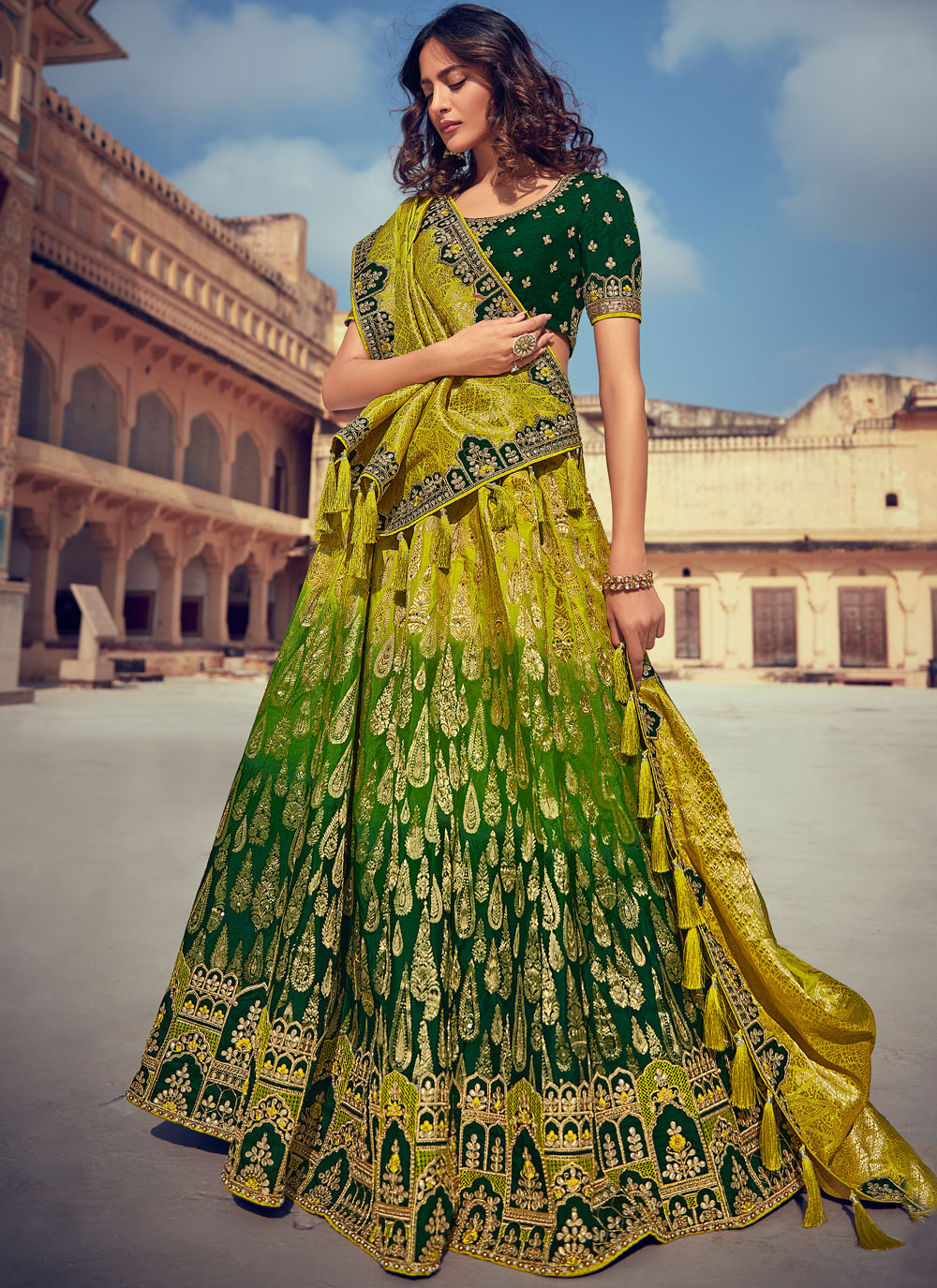 Buy Green Mehndi Lehenga Choli Online : 203908