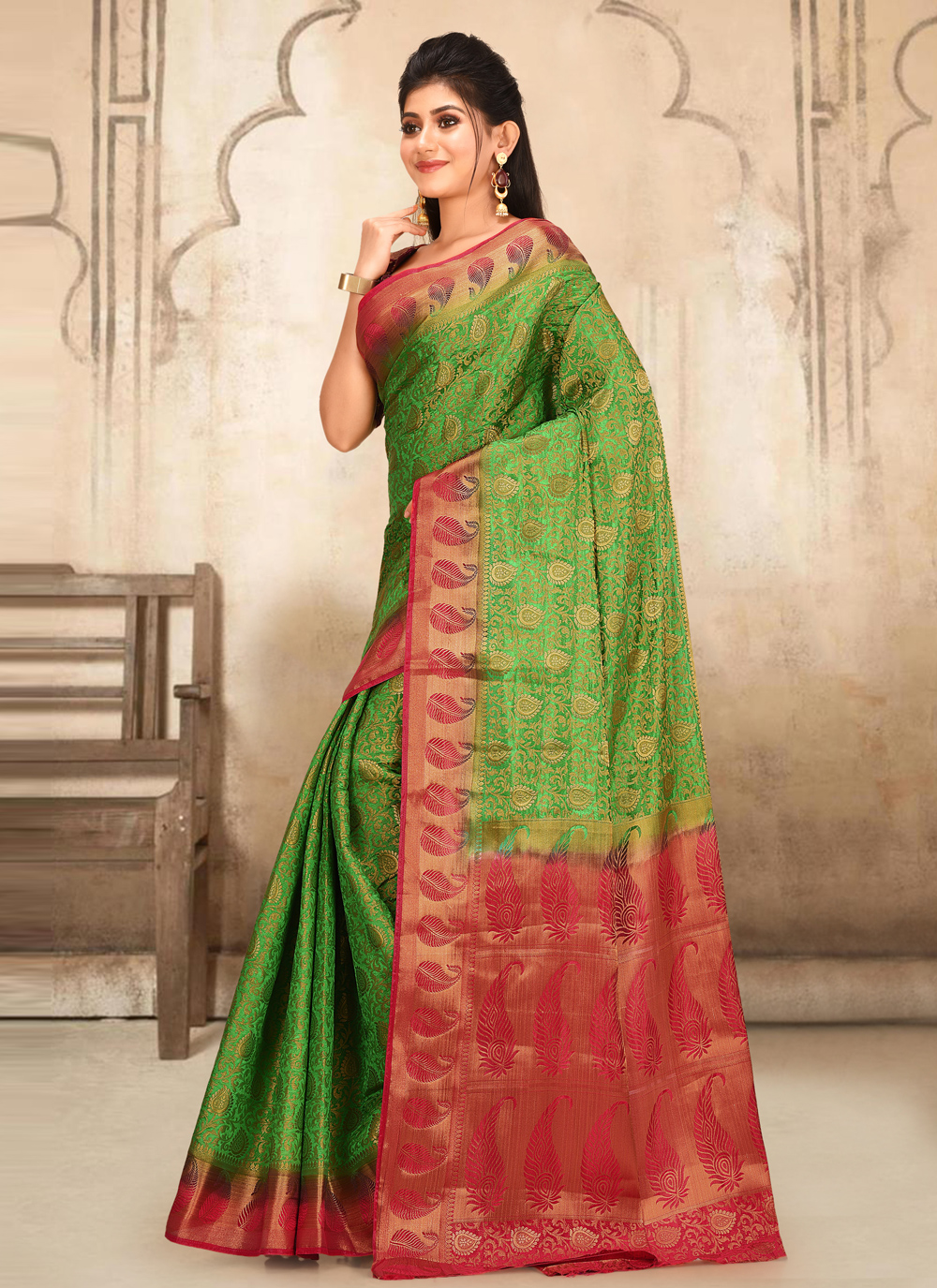 Buy Online Green Weaving Mehndi Traditional Designer Saree : 180423