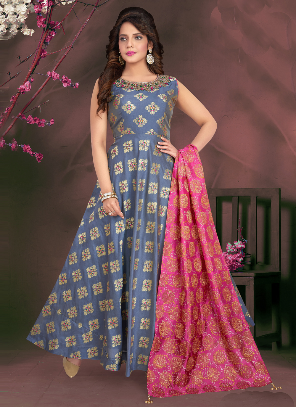 Jacquard Fancy Blue Readymade Suit buy online