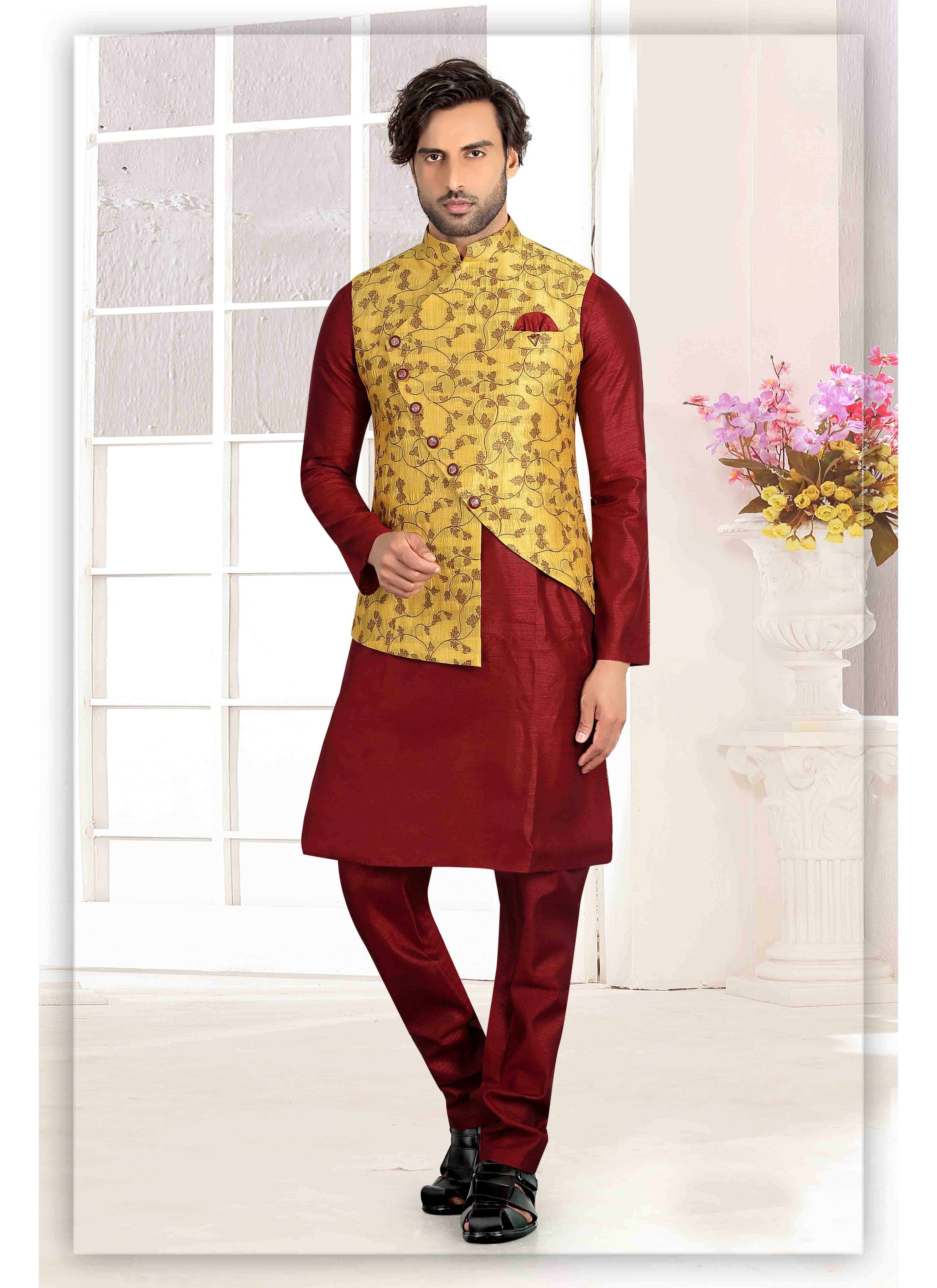 Buy Maroon Color Kurta Payjama With Jacket Online