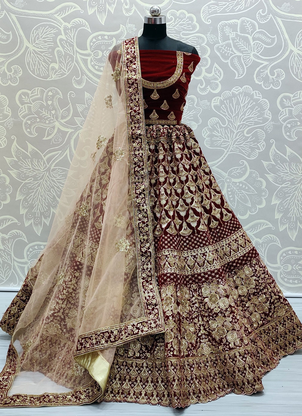 Buy Maroon Velvet Lehenga Choli Online
