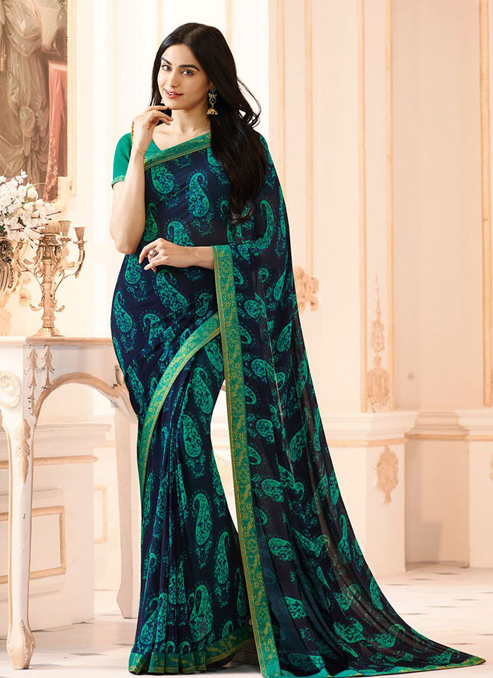Buy Multi Colour Abstract Print Faux Georgette Printed Saree : 185183