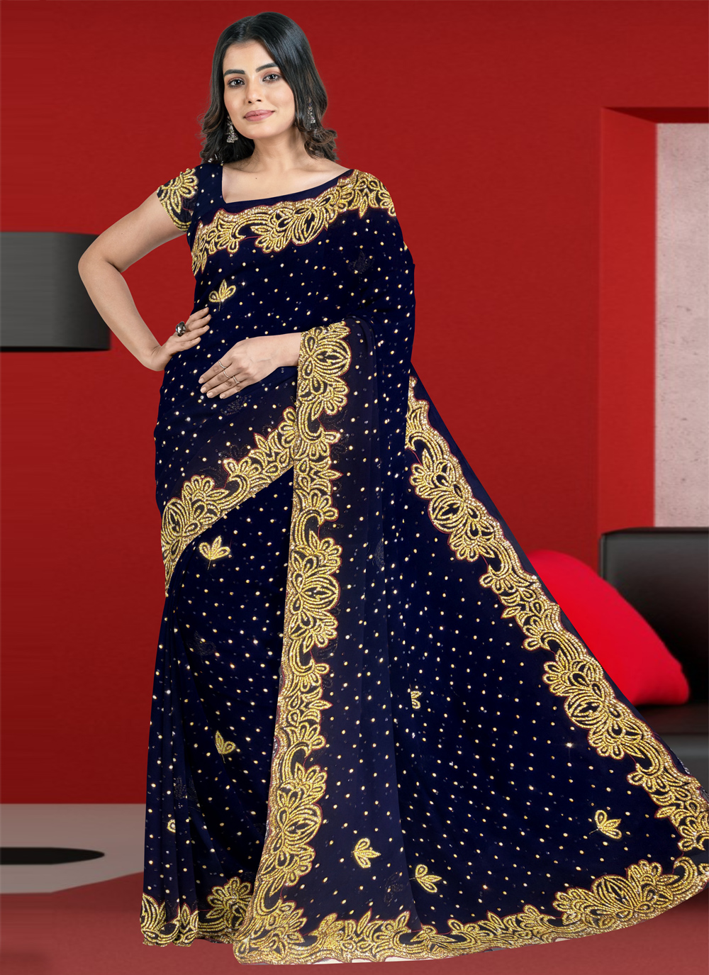 Buy Online Navy Blue Color Classic Designer Saree : 174619