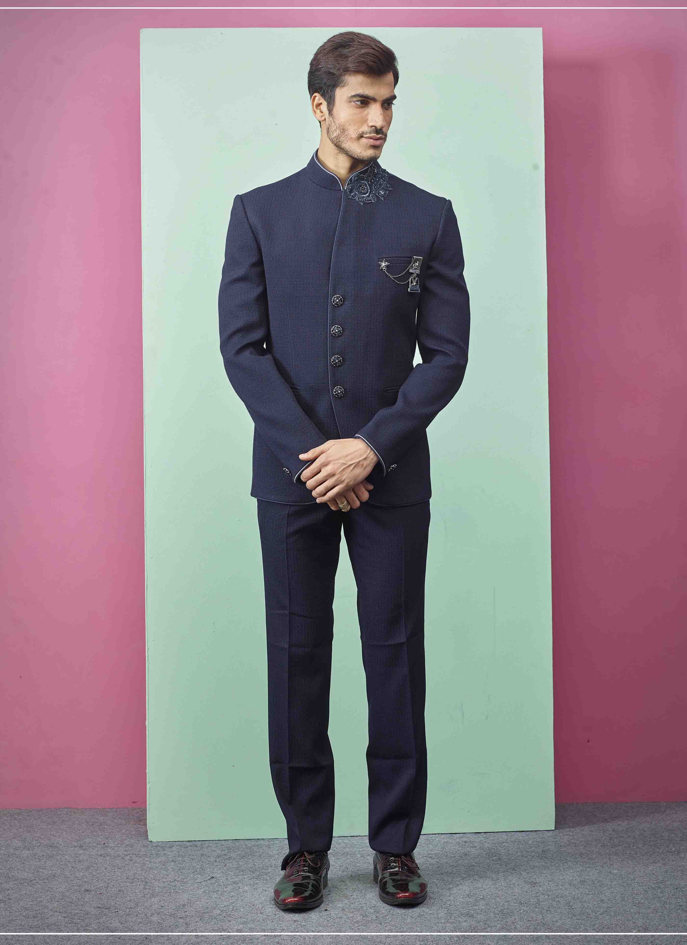 Shop Navy Blue Fancy Fabric Plain Indo Western Online : 171100