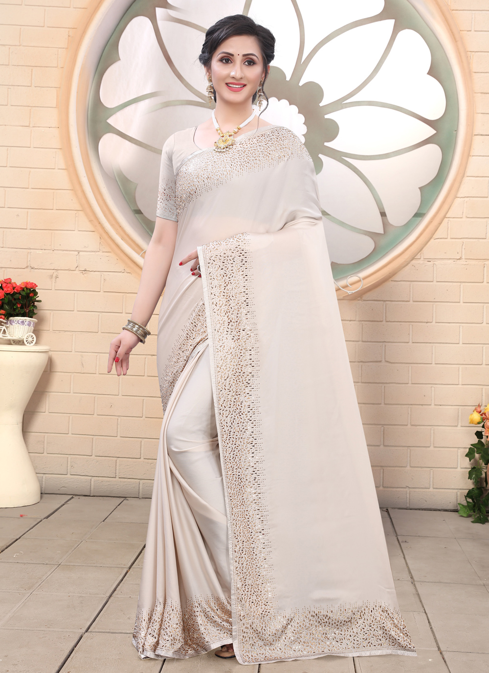 Shop Online Off White Trendy Saree : 173398