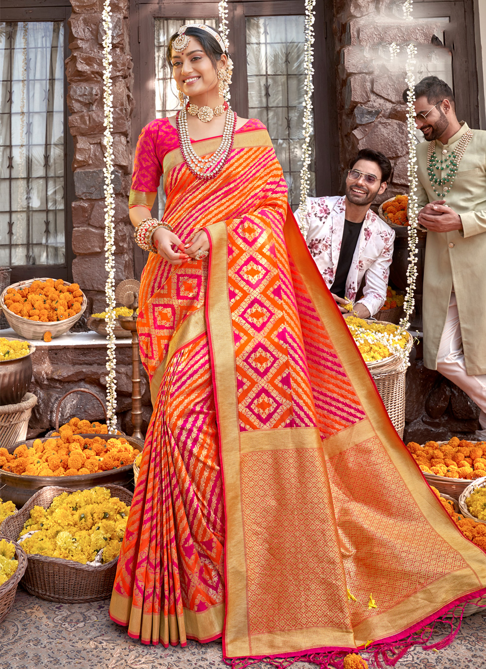 Buy Orange and Rani Weaving Mehndi Designer Saree Online : 189370