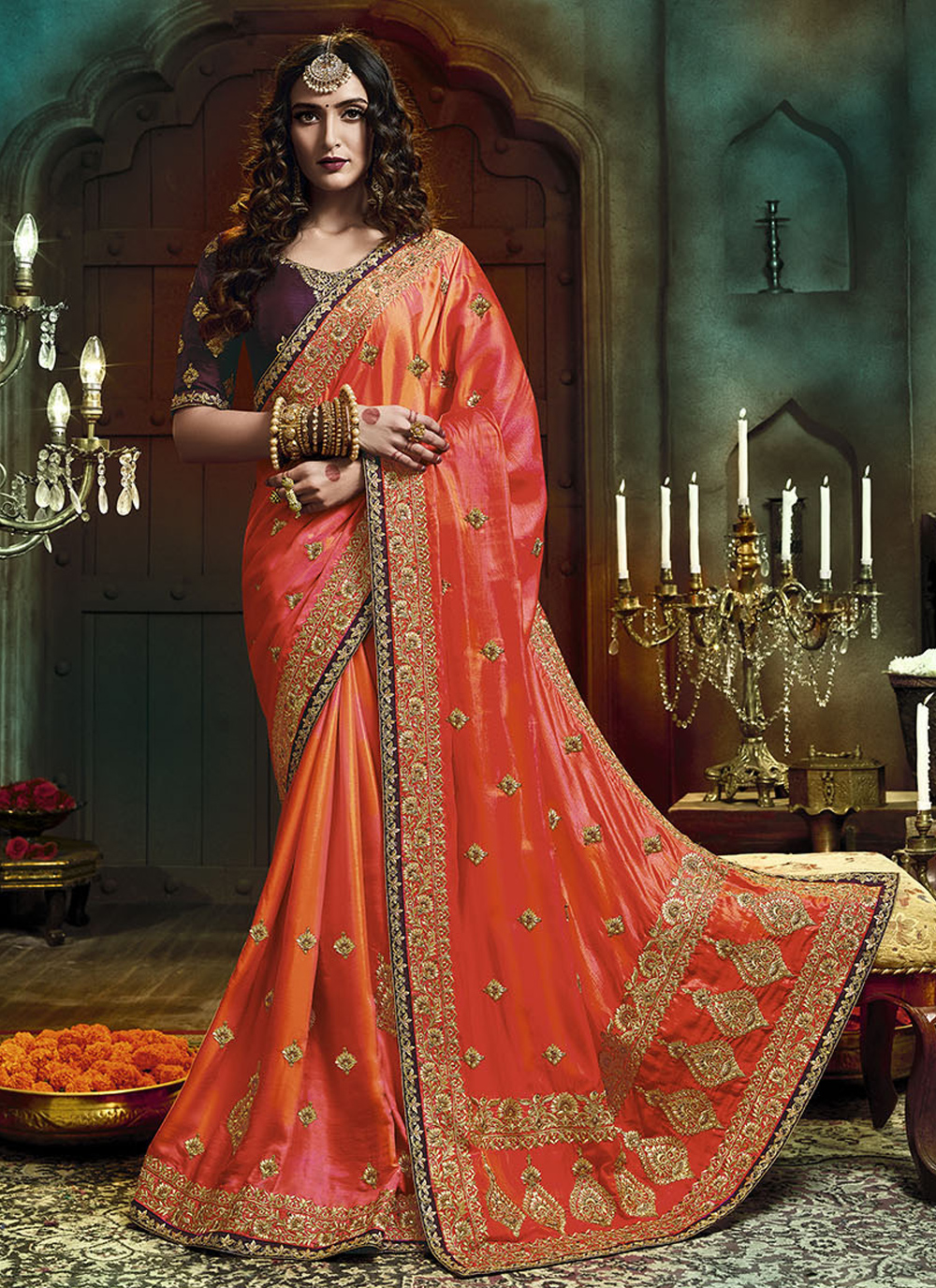 Buy Online Orange Art Silk Zari Traditional Saree : 180230