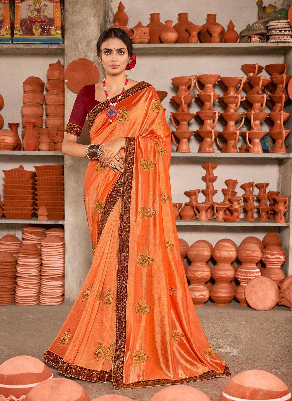 Buy Orange Color Contemporary Saree Online